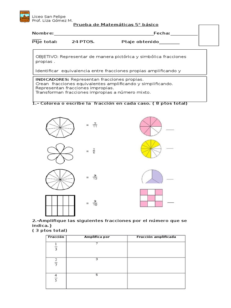Prueba de Matemáticas Fracciones