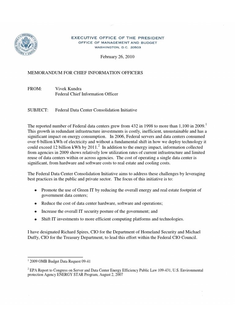 Data Center Consolidation Memo 02 26 10 | Data Center | Chief ...