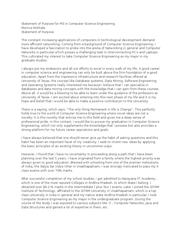 Statement of Purpose For MS in Computer Science Engineering | PDF ...