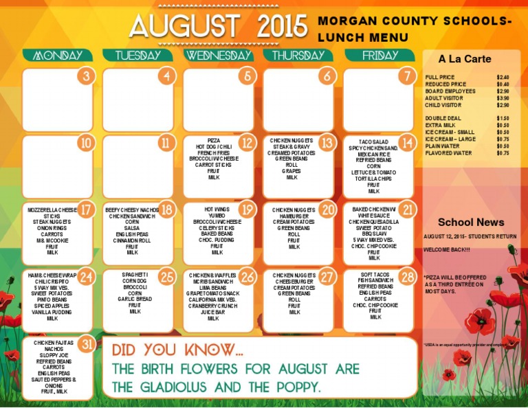 August Lunch Menu Overview | PDF | Sports & Recreation | Wellness