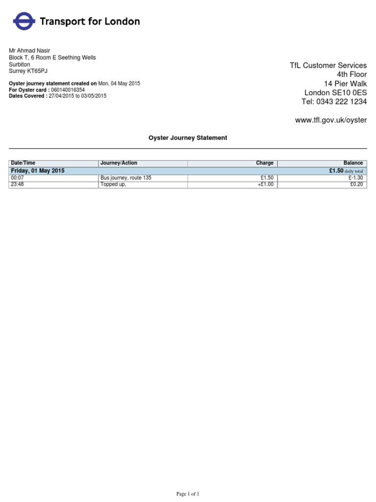 TFL Customer Services 4Th Floor 14 Pier Walk London Se10 0es Tel: 0343 ...