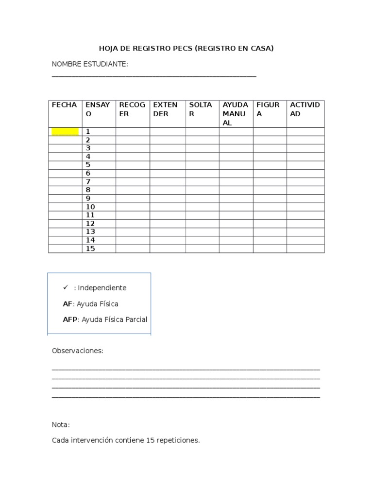 Hoja de Registro Pecs 1 Etapa | PDF