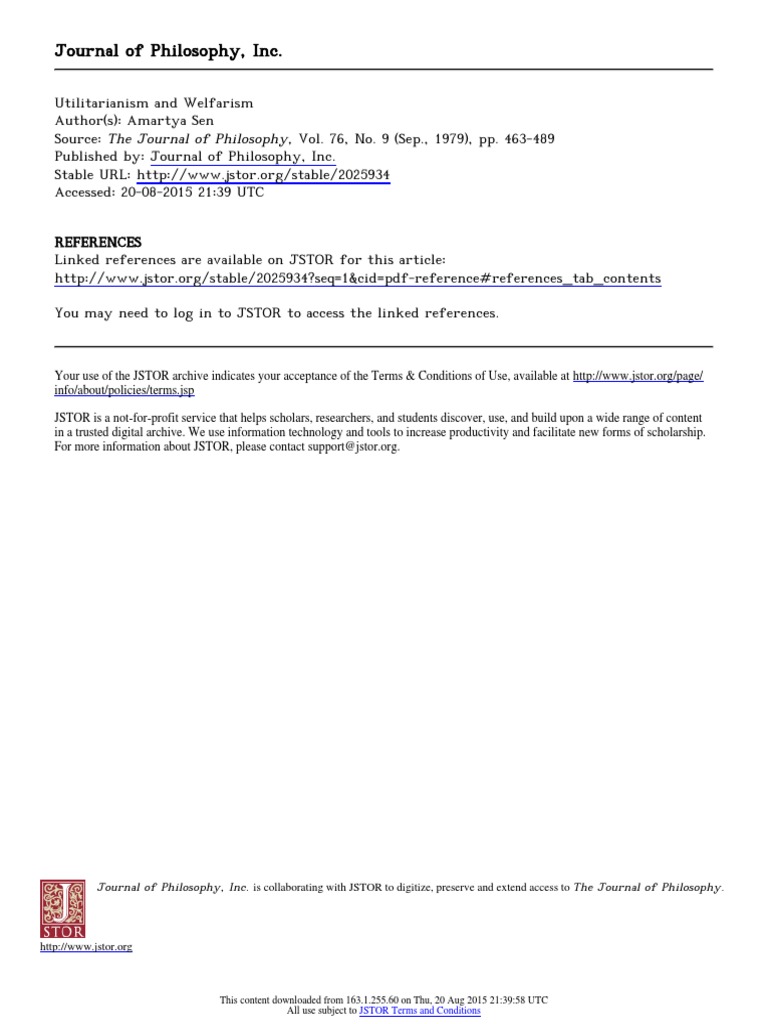 Sen - Utilitarianism and Welfarism | PDF | Utilitarianism | Welfare ...