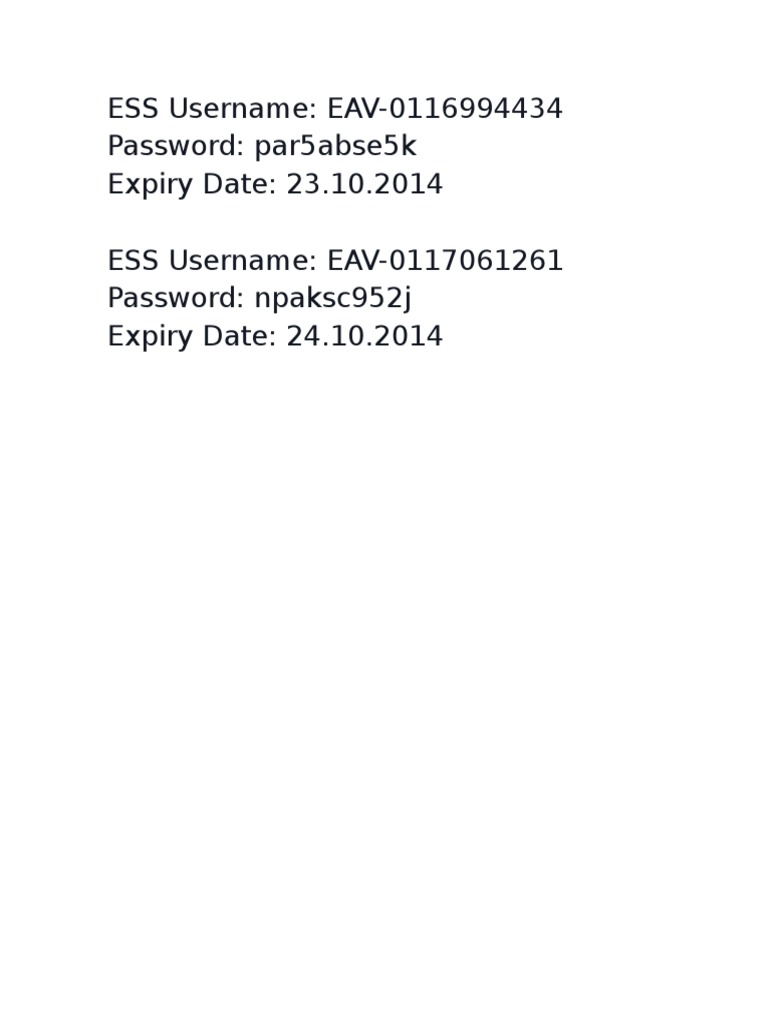 ESS User Credentials and Expiry Dates | PDF