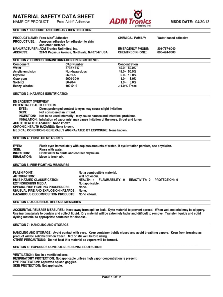 Pros-Aide Adhesive MSDS | PDF | Chemistry | Materials