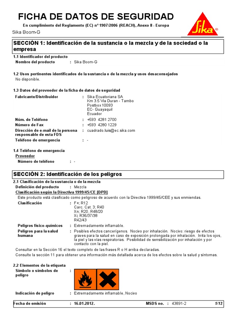Sika Boom MSDS | PDF | Residuos | Asma