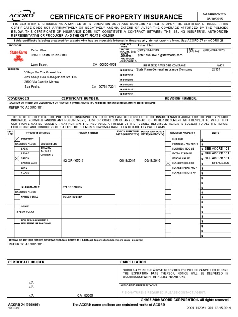 85 Insurance Certificate 2015 | PDF | Insurance | Financial Services