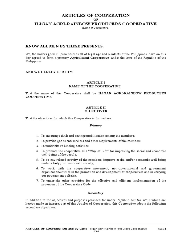 ARTICLES OF COOPERATION and BY-LAWS - Iligan Agri-Rainbow Producers ...