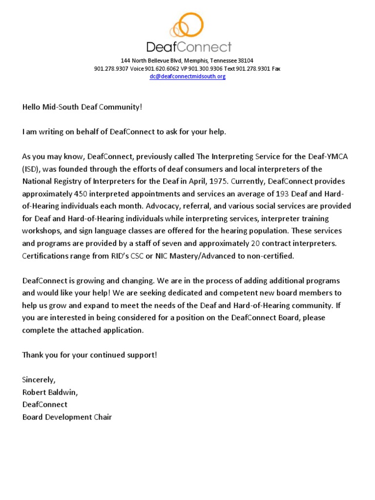 DeafConnect Letter | PDF | Language Interpretation | Hearing Loss