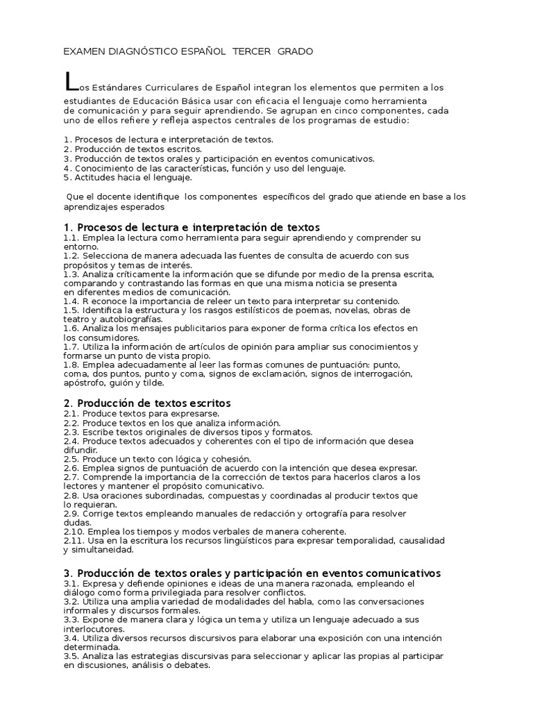 Examen de Diagnóstico Español Tercer Grado Z-35 | PDF | Lectura ...