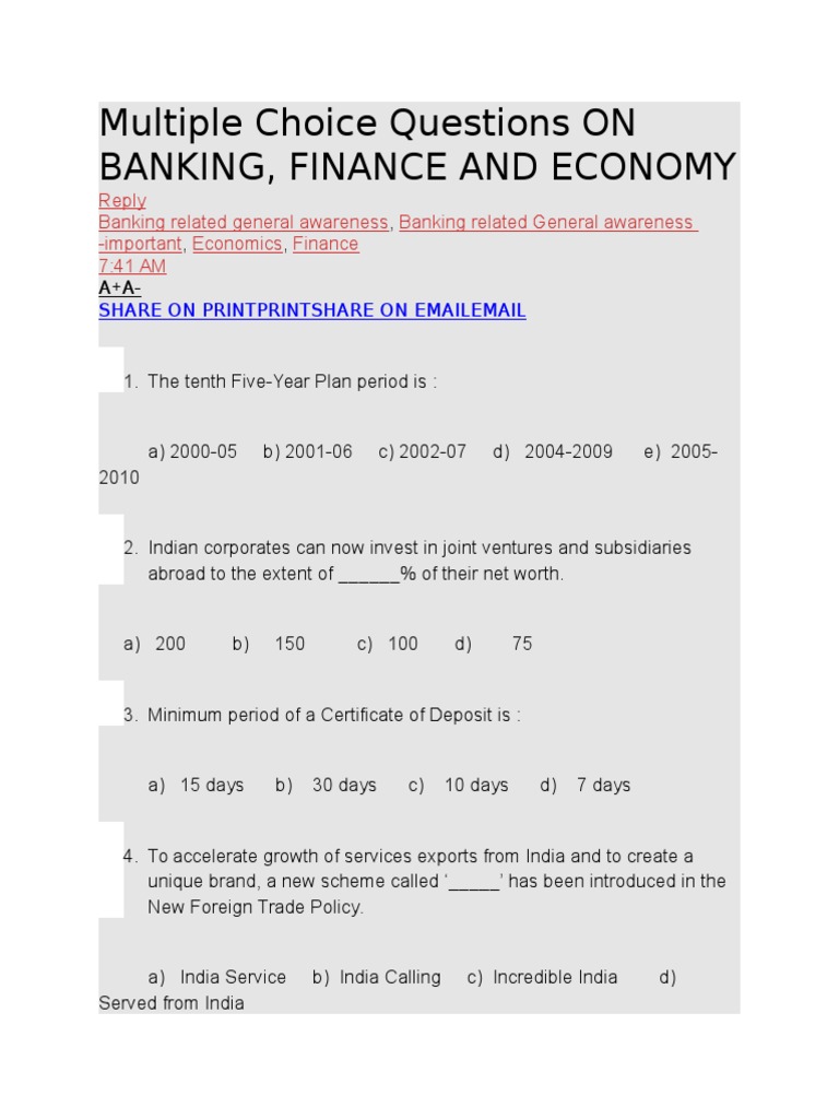 Banking MCQs: Finance & Economy | PDF | Reserve Bank Of India | Banks