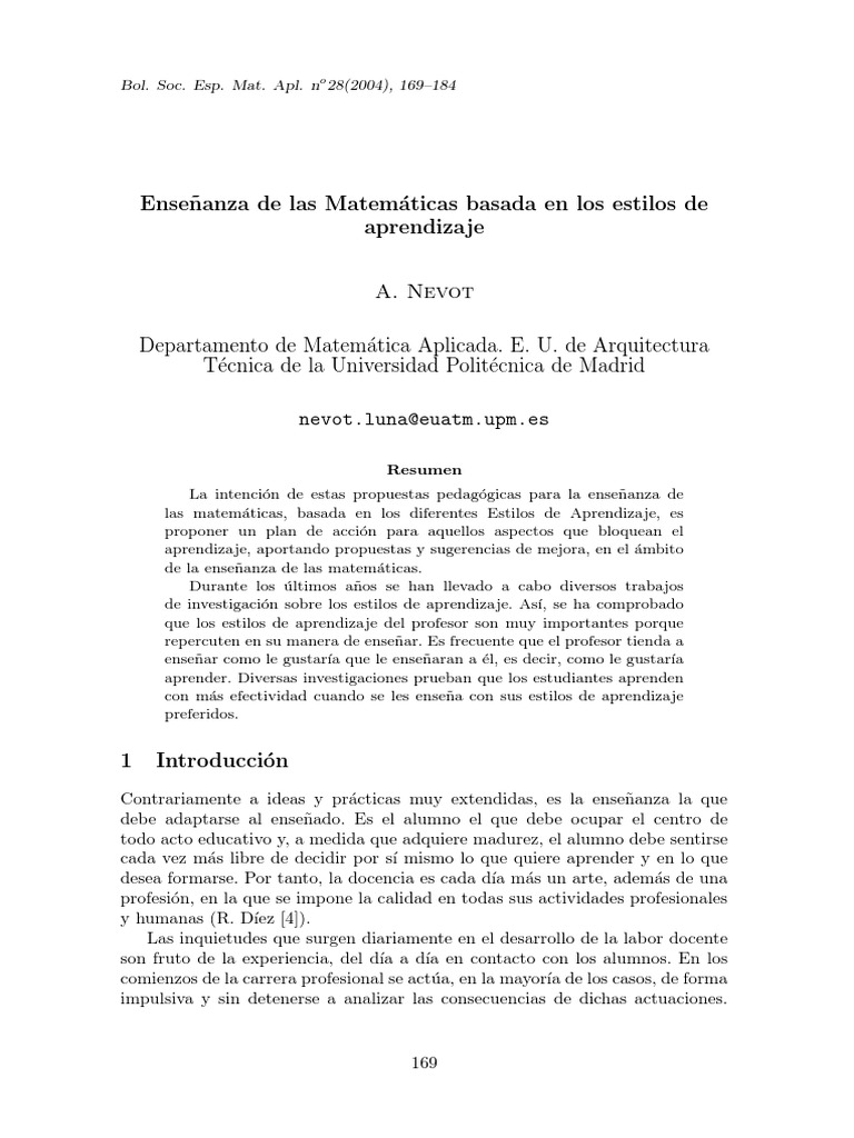 Enseñanza De Las Matematicas Basada En Los Estilos De Aprendizaje Pdf