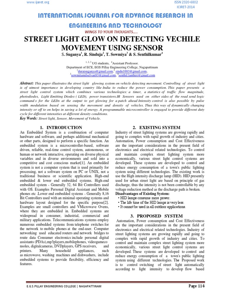 Street Light Glow On Detecting Vechile Movement Using Sensor | PDF ...
