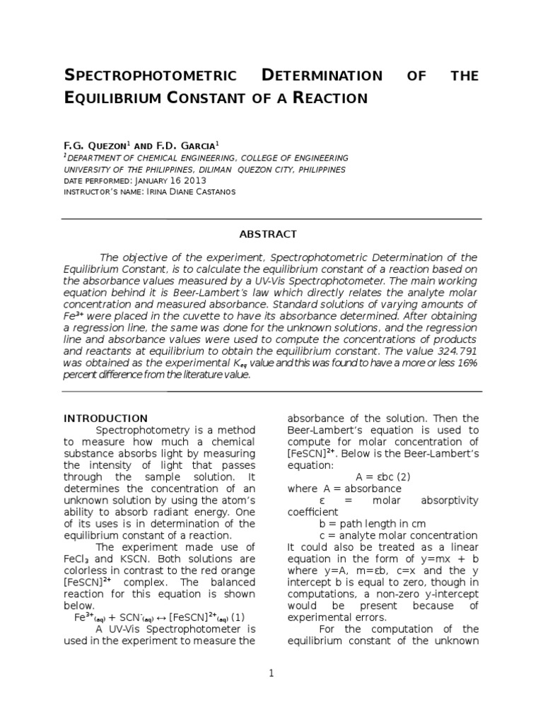 Spectrophotometric Determination of The Equilibrium Constant of A Reaction Chem 17 | PDF ...