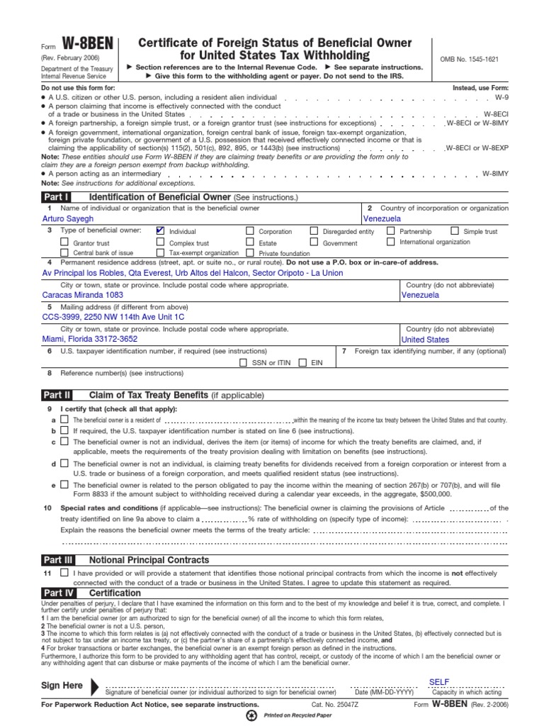 W-8BEN: Certificate of Foreign Status of Beneficial Owner For United ...