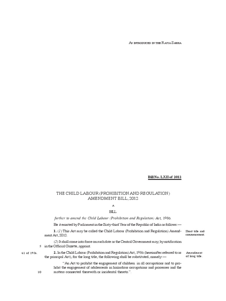 Child Labour Law Amendments 2012 | PDF | Industries | Nature