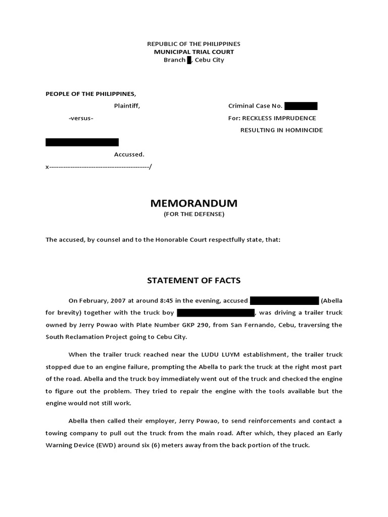 Defense Memo on Homicide Case | PDF | Negligence | Reasonable Person