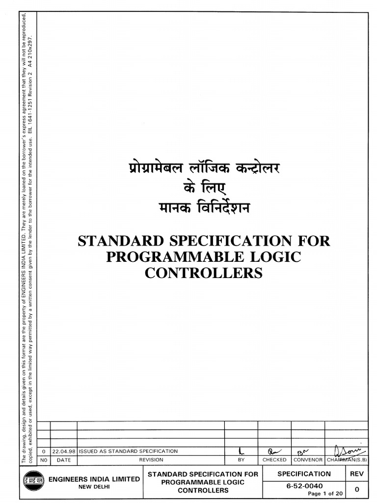 EIL Standard Specification For Programmable Logic Controllers (PLC) | PDF