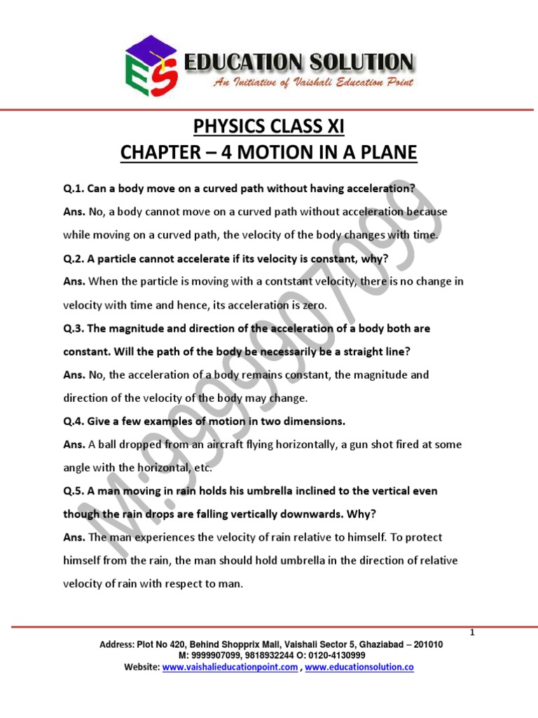 Motion in a Plane: Class XI Physics Guide | PDF | Acceleration ...