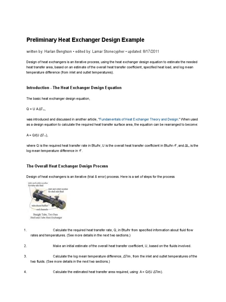 Preliminary Heat Exchanger Design Example Pdf Heat Exchanger Heat