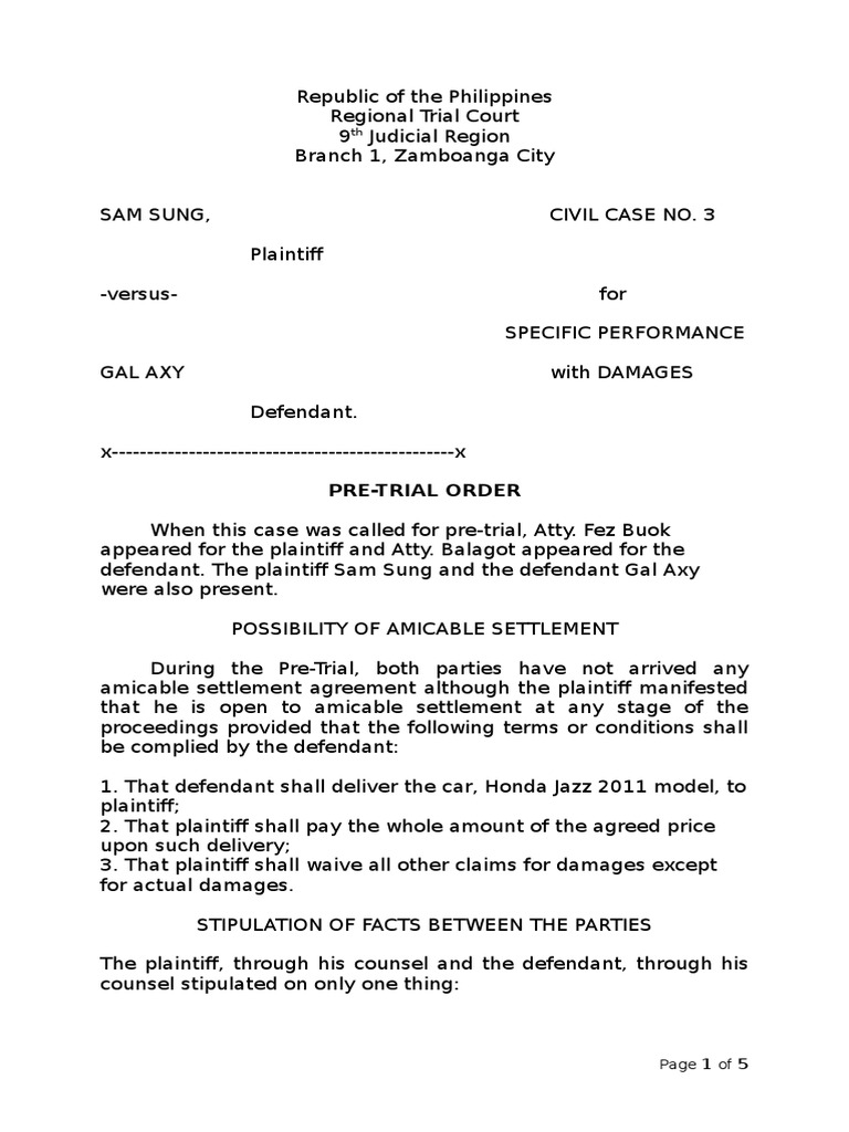 Pre Trial Order | PDF | Plaintiff | Lawsuit