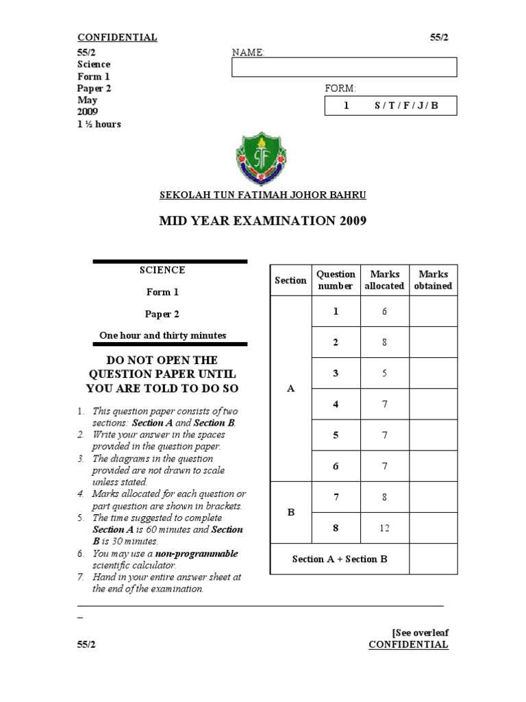 STF Mid Year Science Form 1 2009 Paper2 | PDF | Weight | Measurement