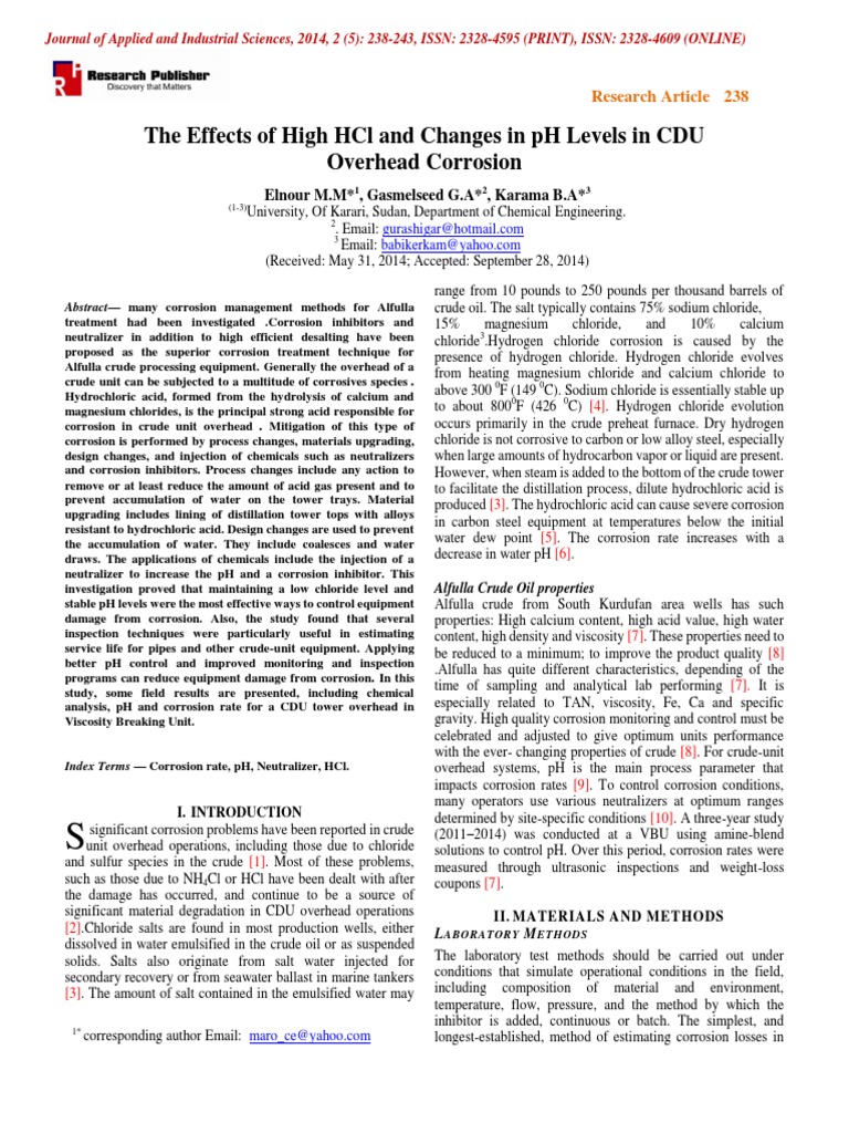 The Effects of High HCL and Changes in PH Levels in Cdu Overhead ...