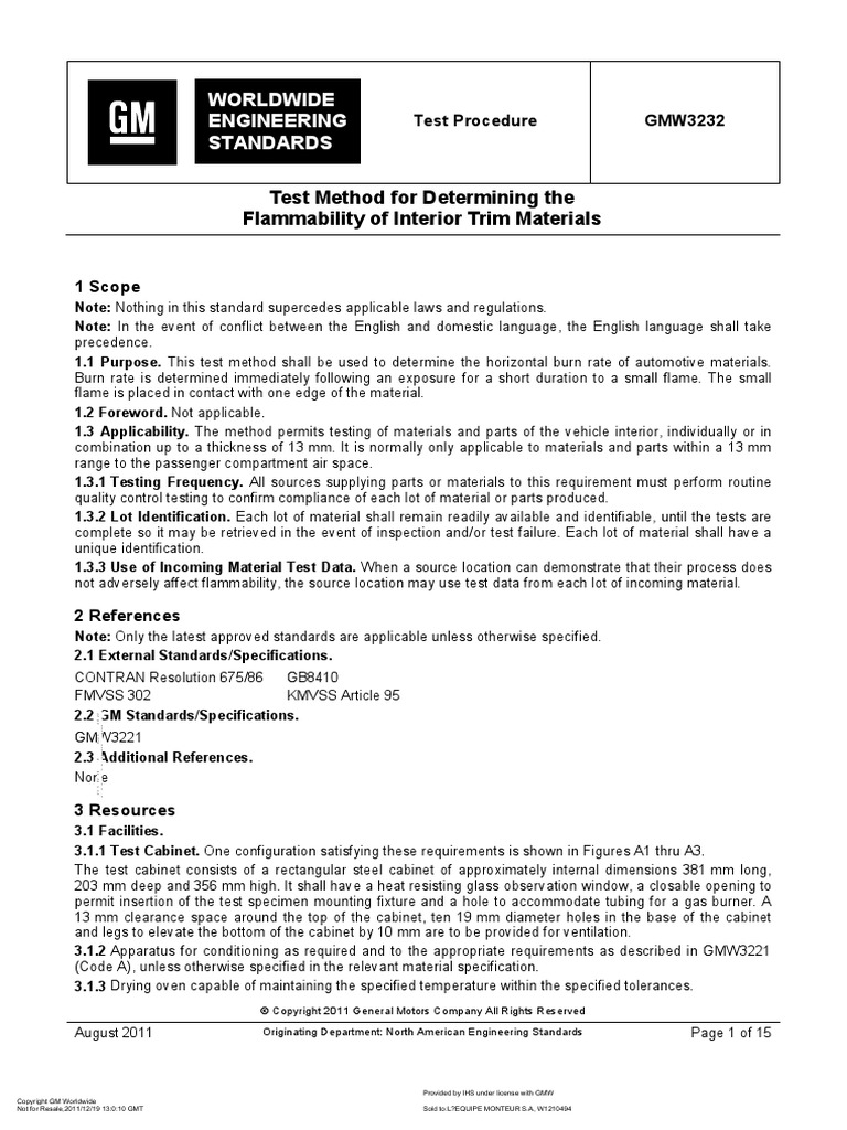 GMW 3232-Test Method For Determining The Flammability of Interior Trim ...