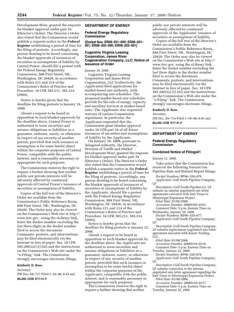 Notice: Issuance of Orders: Cogentrix Virginia Leasing Corp. Et Al ...