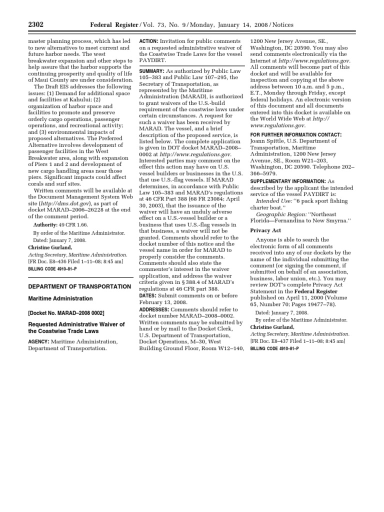 Notice: Requested Administrative Waiver of The Coastwise Trade Laws ...