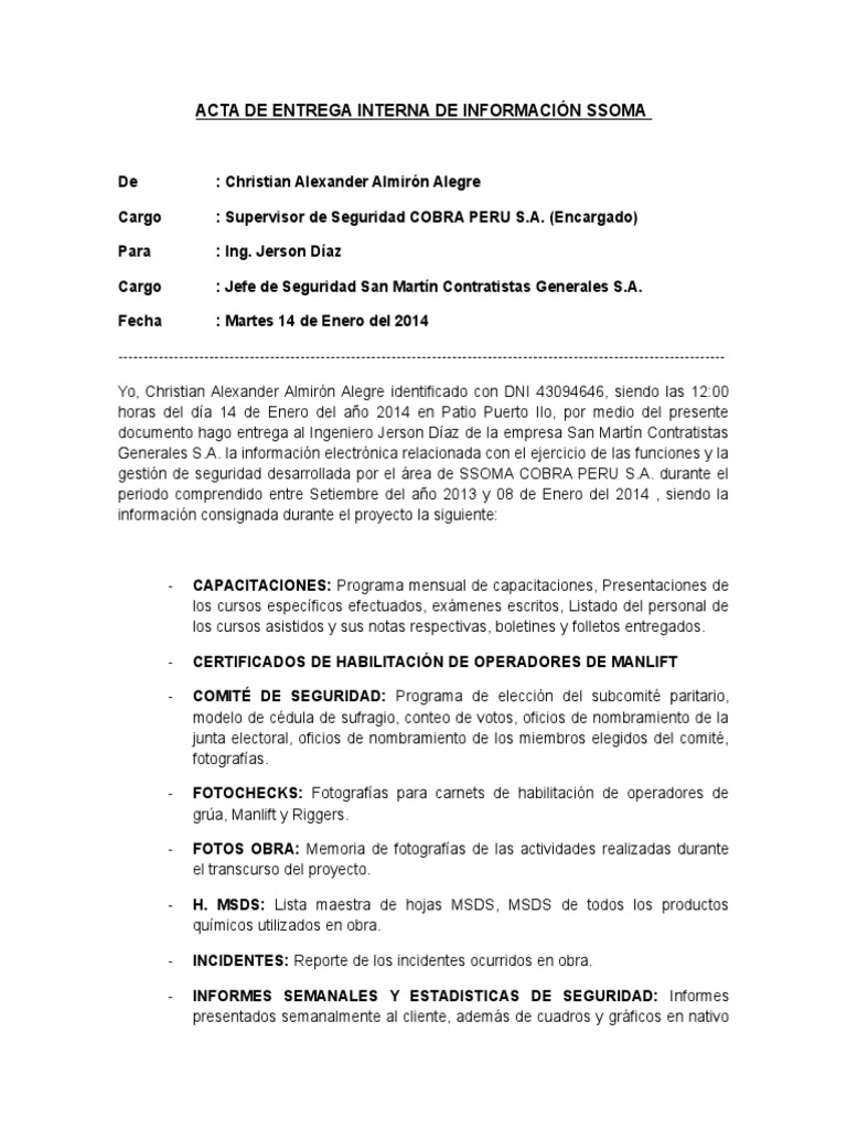 Acta de Entrega Interna de Información | Bienestar | Ciencia (general)