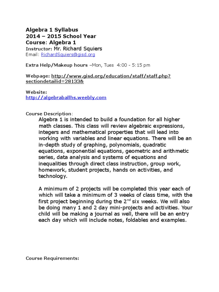 Algebra 1 Course Syllabus 2014-2015 | PDF | Equations | Algebra
