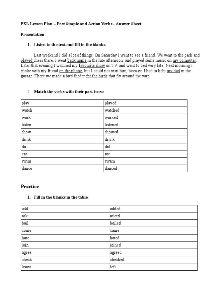 ESL Lesson Plan - Past Simple and Action Verbs - Answer Sheet PDF | PDF