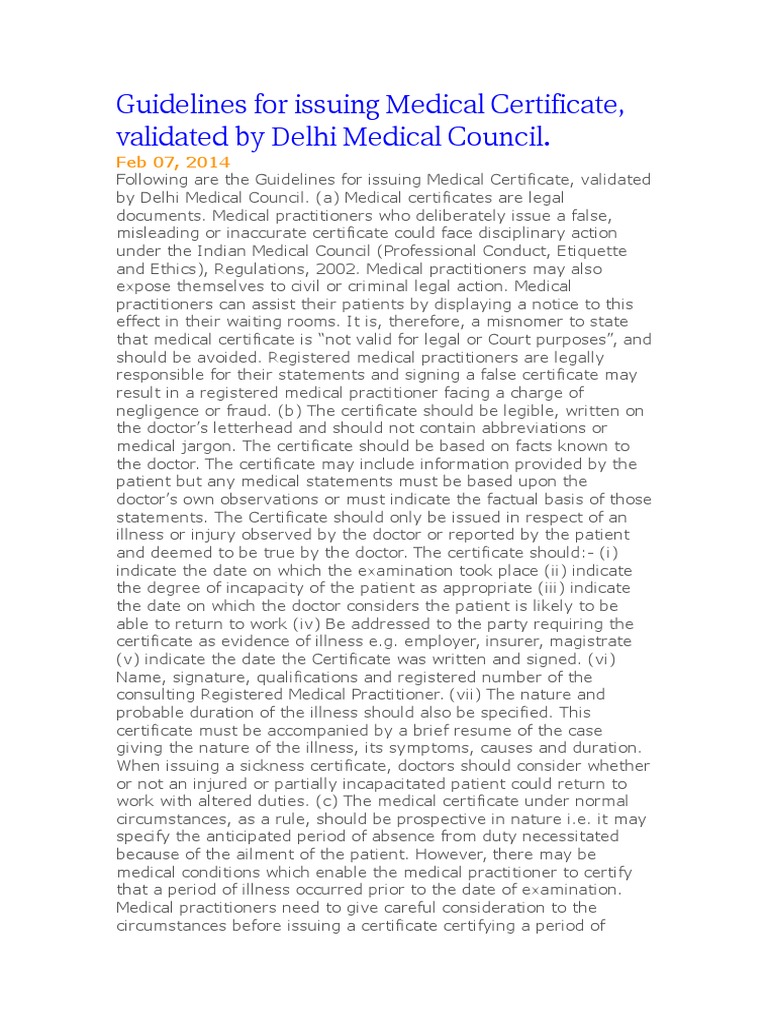 Guidelines For Issuing Medical Certificate | PDF | Physician | Common Law