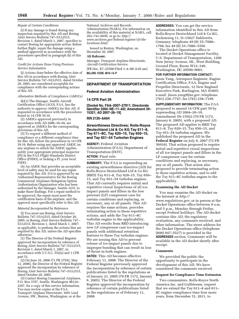 Rule: Airworthiness Directives: Rolls-Royce Deutschland LTD & Co KG Tay ...