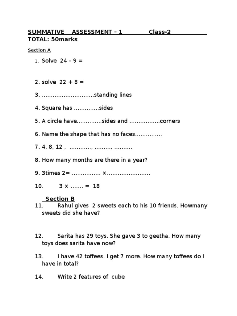 Class 2 Summative Assessment Questions | PDF