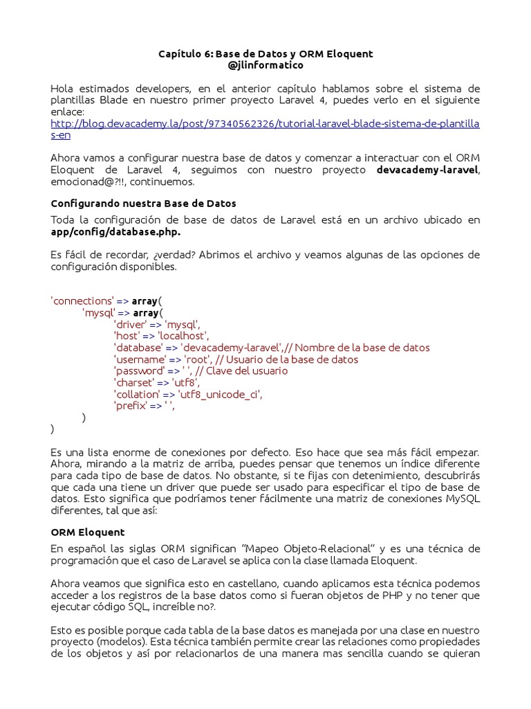 Configuración DB y ORM Eloquent | PDF | Mapeo Relacional de Objetos | Tabla (base de datos)