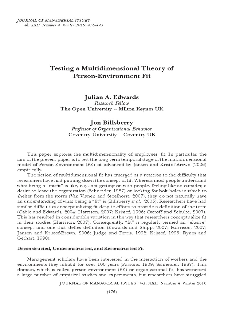 Testing A Multidimensional Theory of Person-Environment Fit | PDF ...