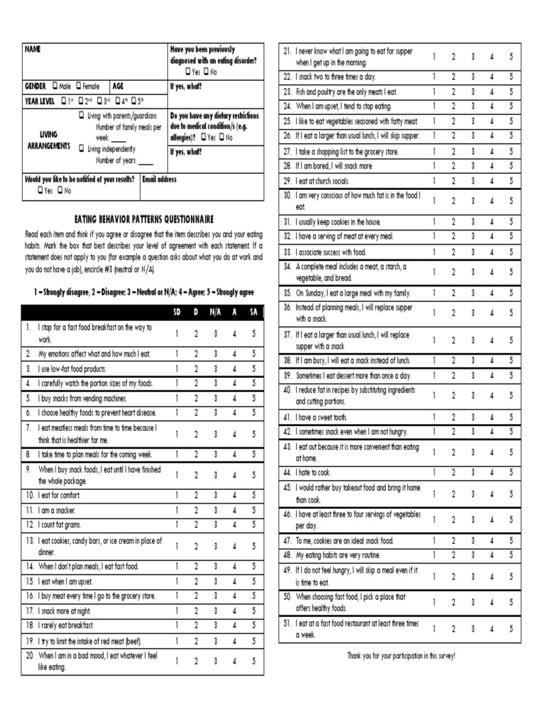 Eating Behavior Pattern Questionnaire | Lunch | Eating