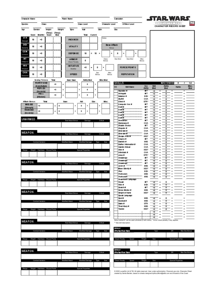 Star Wars D20 - Gertie's Form-Fillable | PDF | Gaming | Role Playing Games