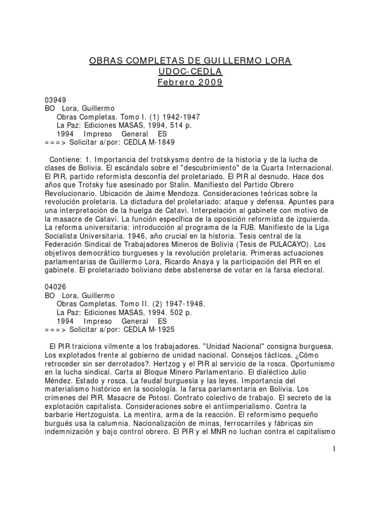 Biografía de Guillermo Lora y su obra | PDF | Bolivia | Nacionalismo
