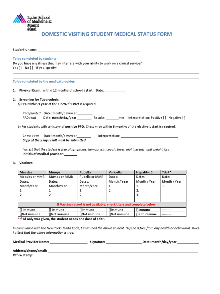 Domestic Visiting Student Medical Status Form: To Be Completed by ...