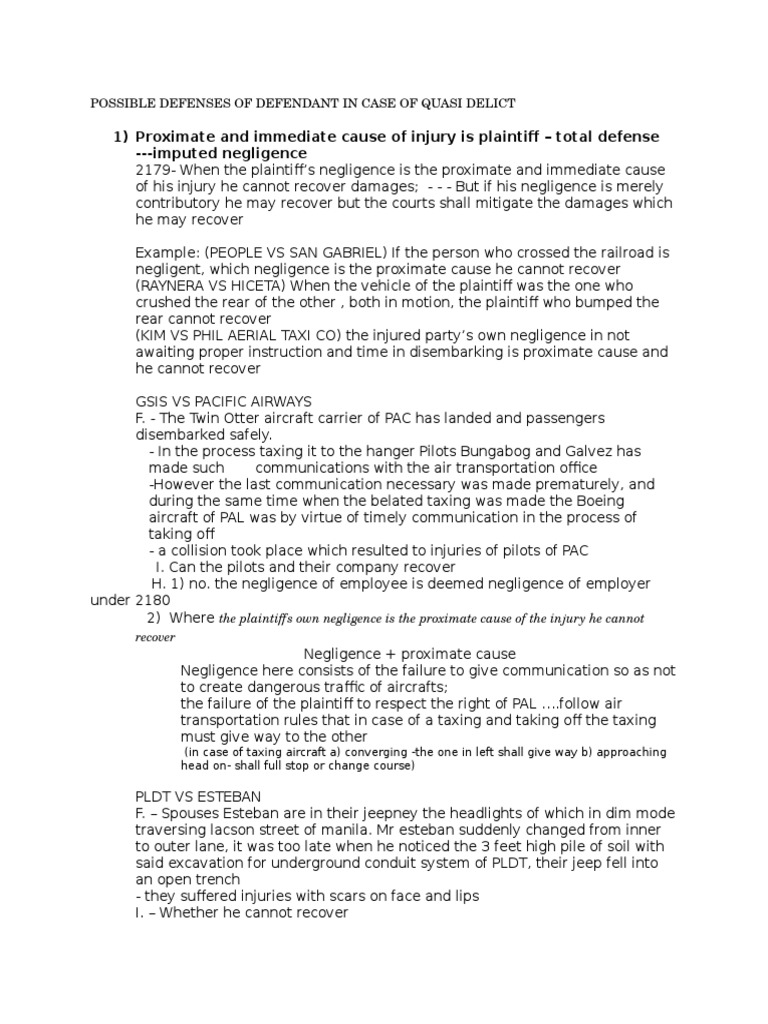 Defenses in Quasi-Delict Cases | PDF | Proximate Cause | Contributory ...