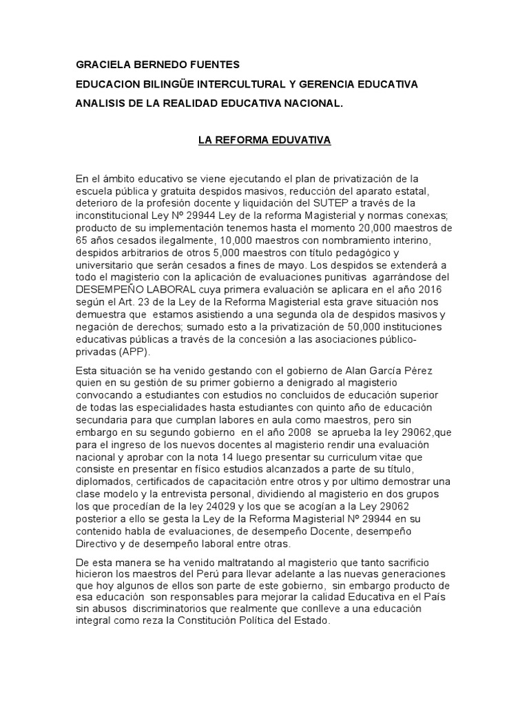 Analisis De La Realidad Educativa Nacional Pdf Pensamiento Crítico