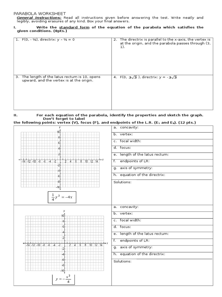 Parabola Origin WORKSHEET | PDF