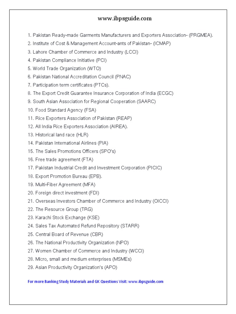 List of 200 Famous Abbreviations | PDF | Pakistan | Exports