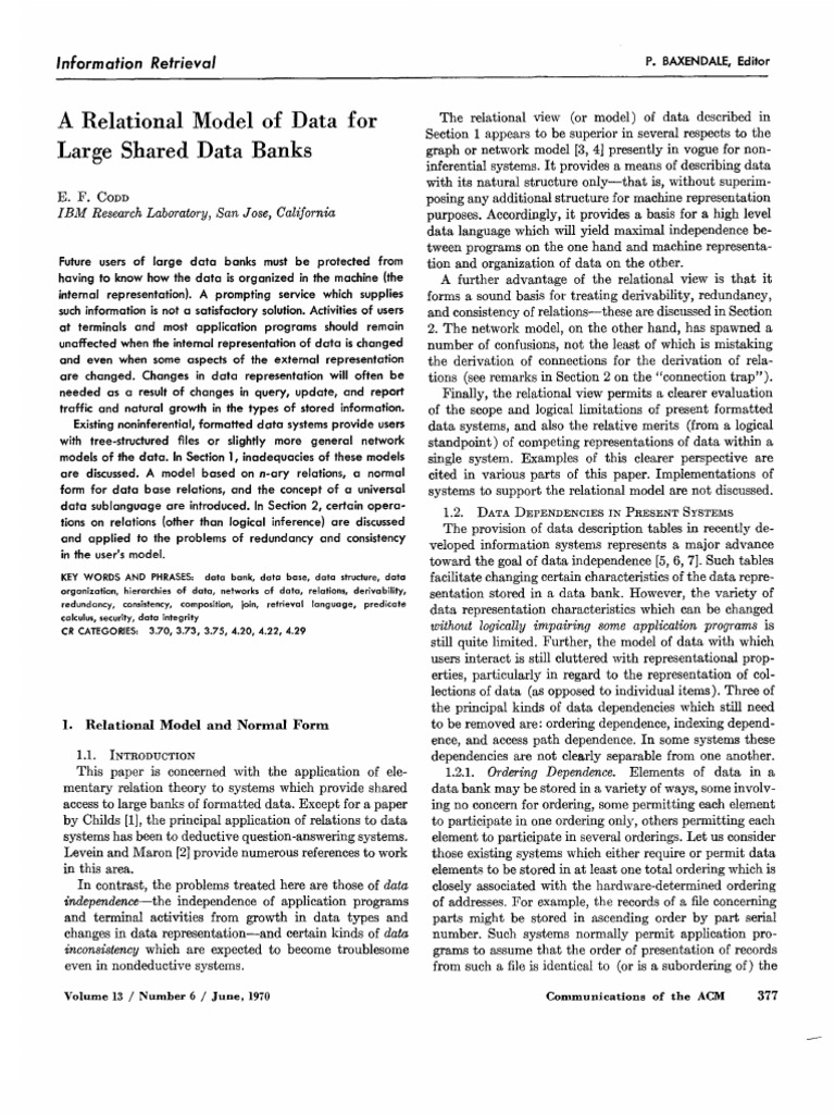A Relational Model Of Data For Large Shared Data Banks E F Codd Pdf Database Index