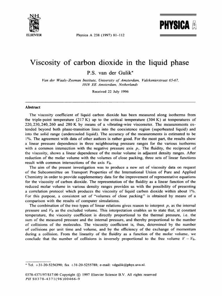Physica: Viscosity of Carbon Dioxide in The Liquid Phase | PDF ...