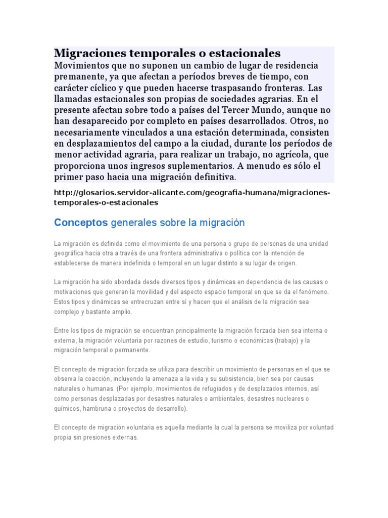 Tipos de Migración | Descargar gratis PDF | Migración humana | Inmigración