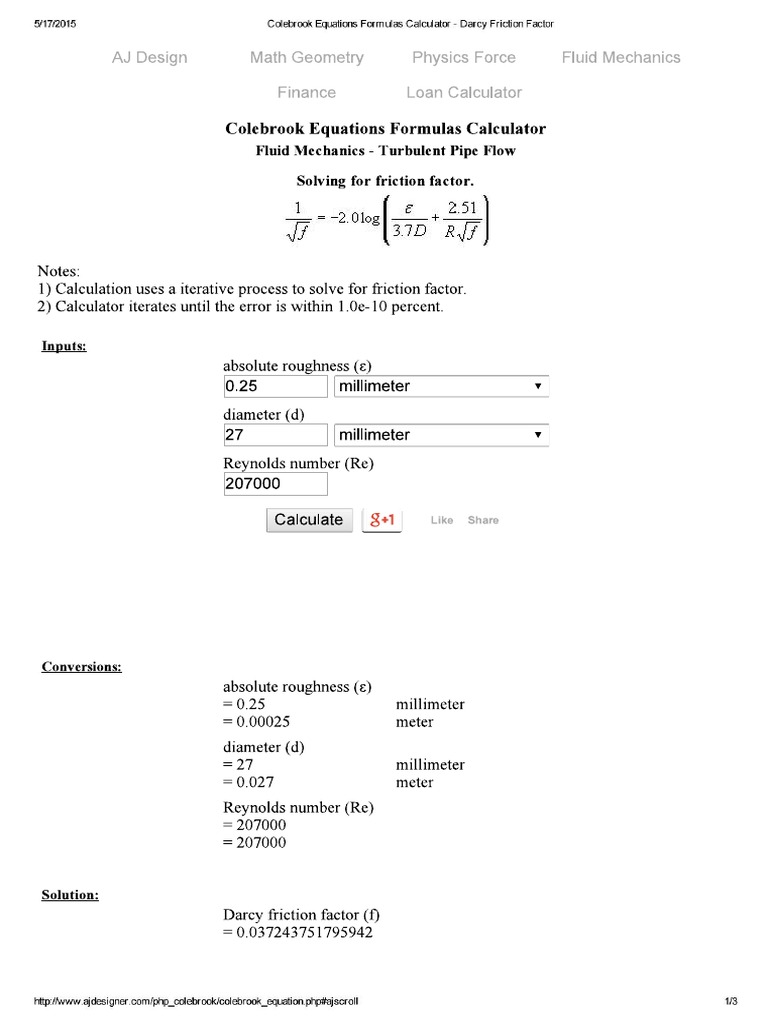 Colebrook Equations Form... - Darcy Friction Factor | PDF